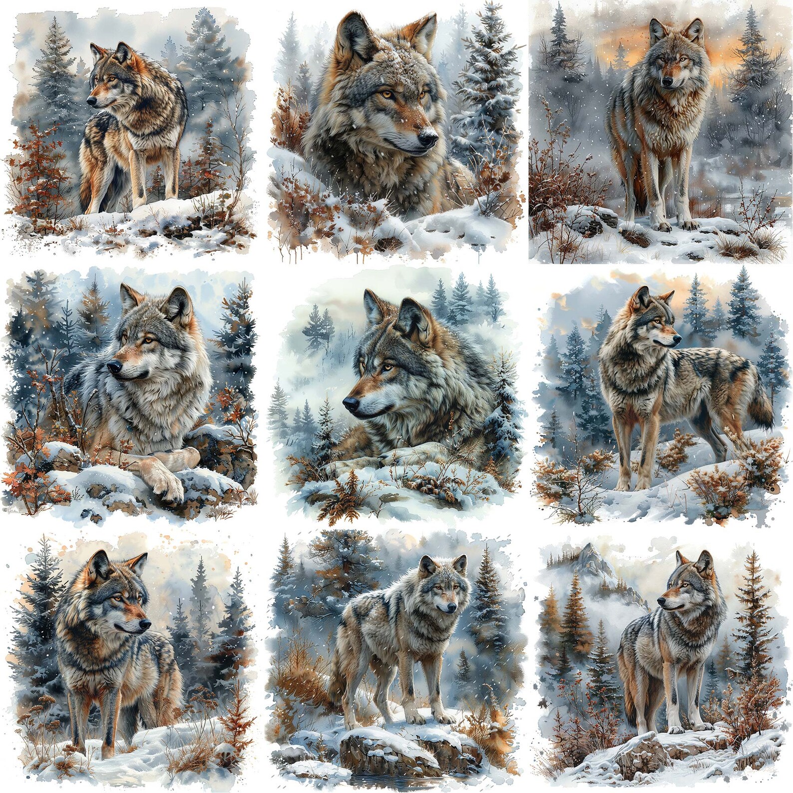 Watercolor Winter Wolf Forest Clipart Bundle JPEG Commercial Printable ...