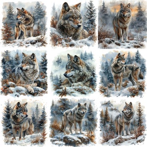 Watercolor Winter Wolf Forest Clipart Bundle JPEG Commercial Printable ...