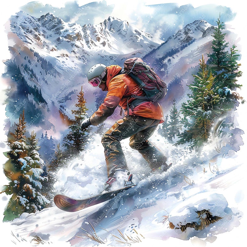 Watercolor Snowboarding Clipart JPEG Instant Download Winter Clipart ...