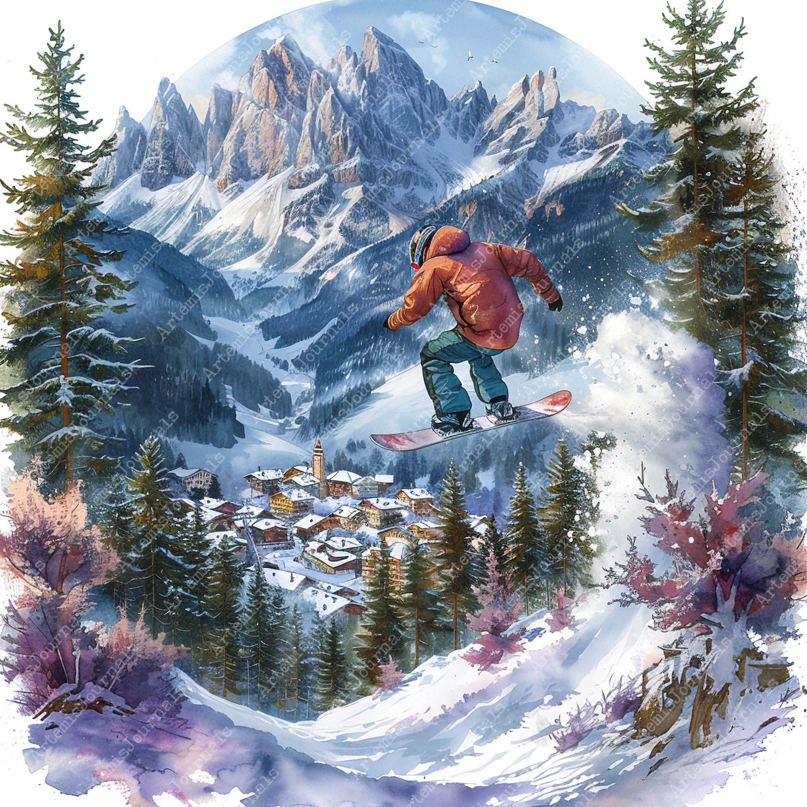 Watercolor Snowboarding Clipart JPEG Instant Download Winter Clipart ...