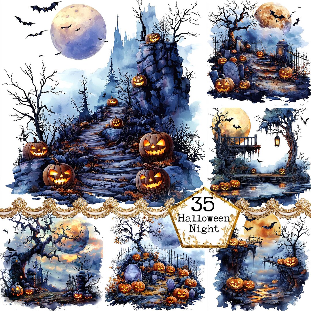 JPEG Watercolor Spooky Halloween Clipart Bundle Dark Fantasy JPEG ...