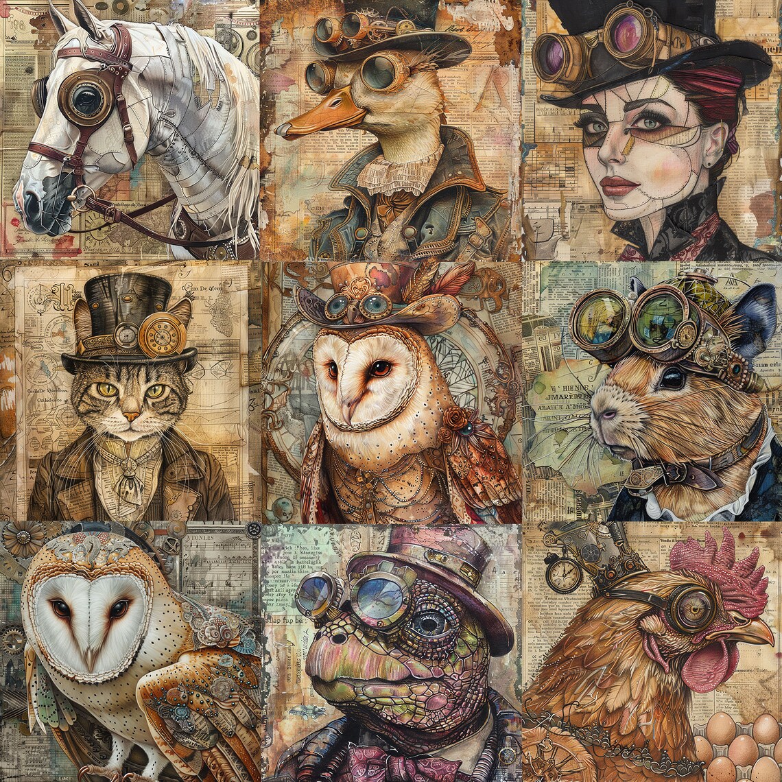 Steampunk Collage Sheet Farm Animals Paper Pack, Printable, Steampunk ...