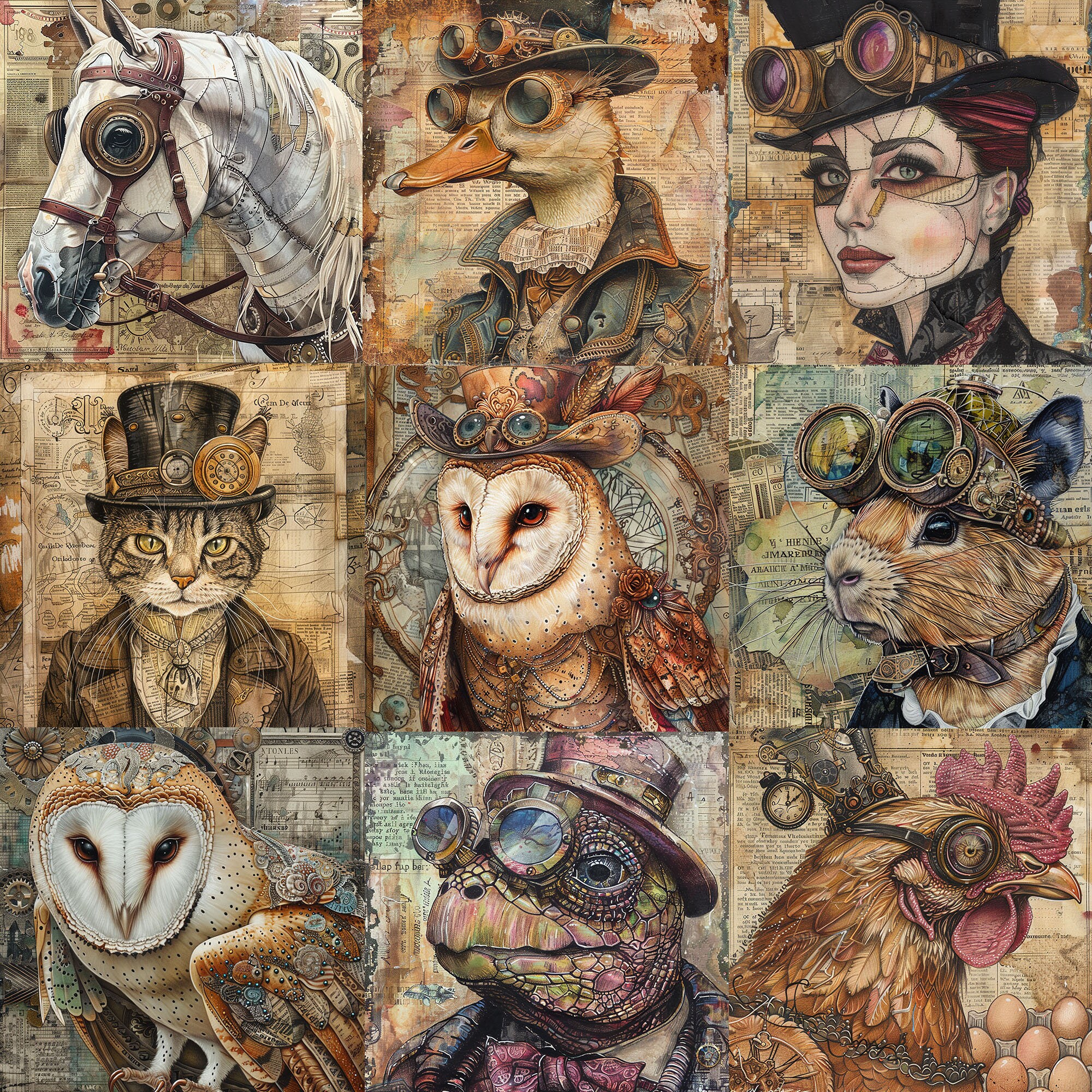 Steampunk Collage Sheet Farm Animals Paper Pack, Printable, Steampunk ...