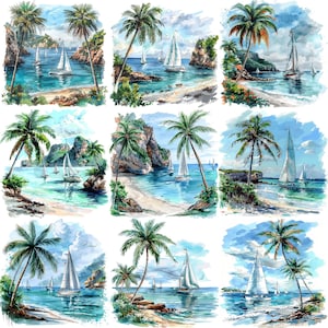 JPEG Watercolor Tropical Beach With a Boat Clipart Bundle Instant ...