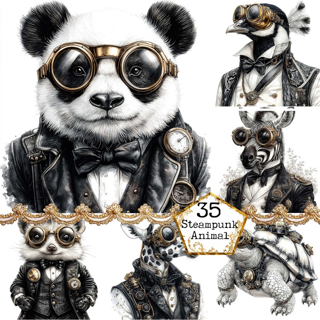 JPEG Watercolor Monochromatic Steampunk Animal Clipart Bundle Zebra ...