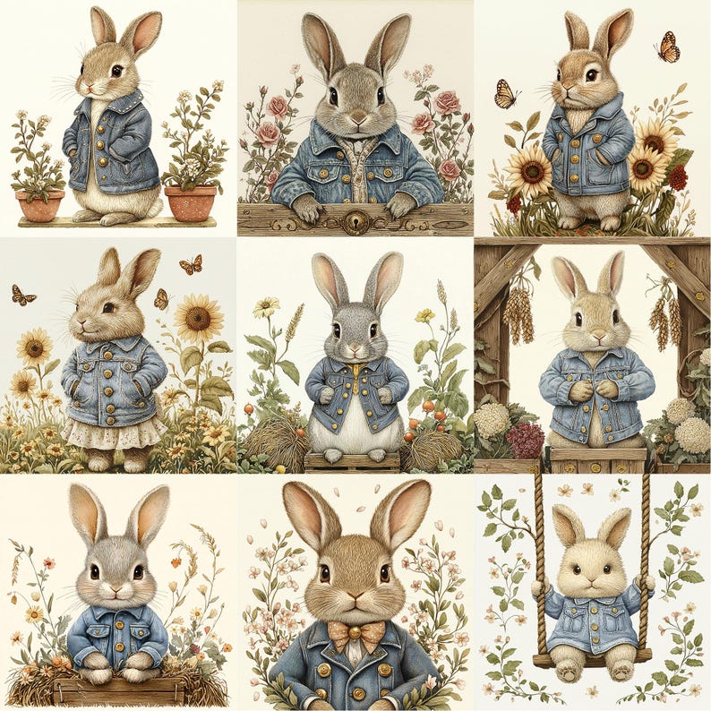 JPEG Vintage Spring Rabbit Clipart Bundle Cute Bunny Clipart Spring ...