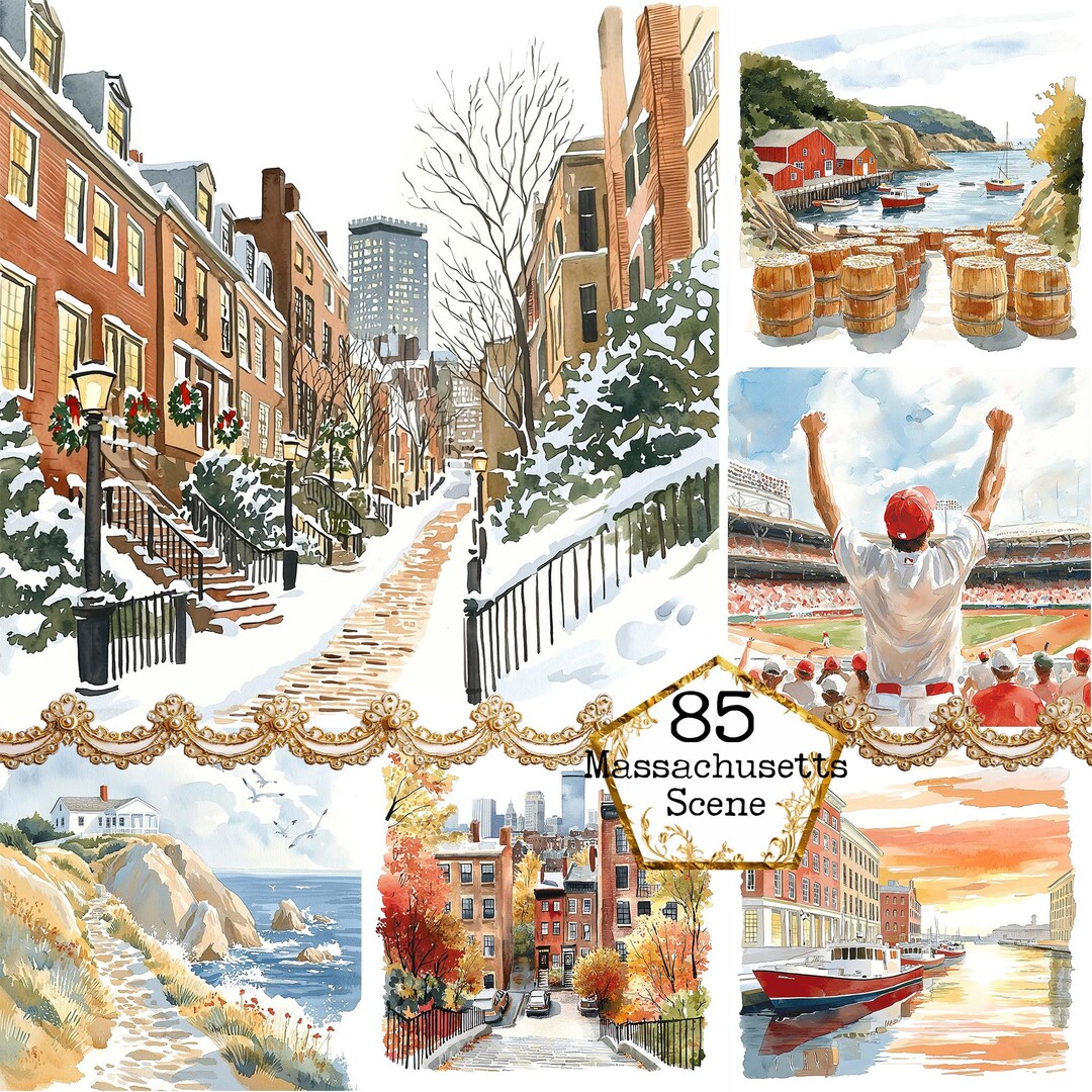 JPEG Watercolor Massachusetts Clipart Bundle USA Clipart City Clipart ...