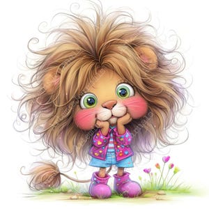 JPEG Watercolor Quirky Lion Clipart Bundle Whimsical Lion Funny Animal ...