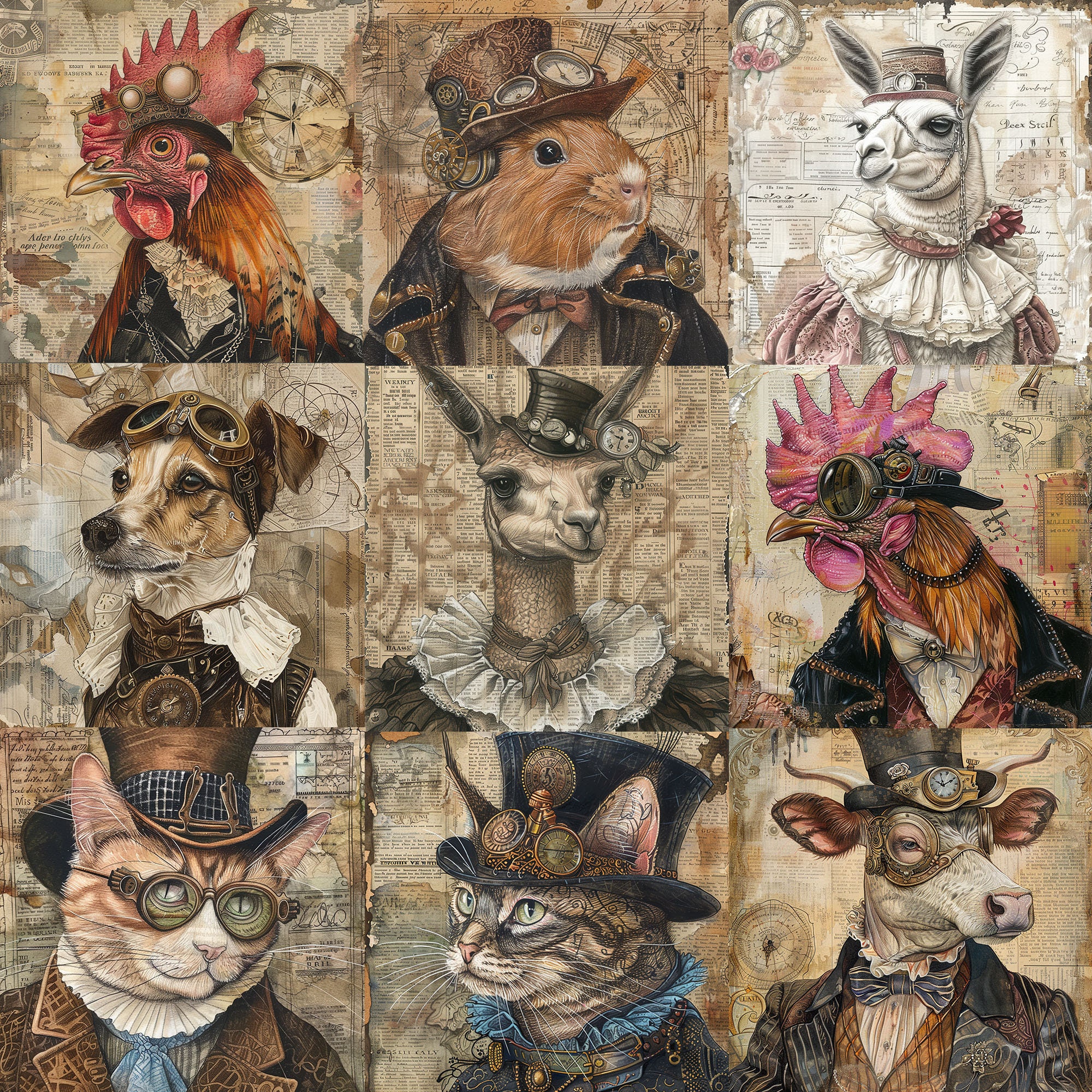 Steampunk Collage Sheet Farm Animals Paper Pack, Printable, Steampunk ...