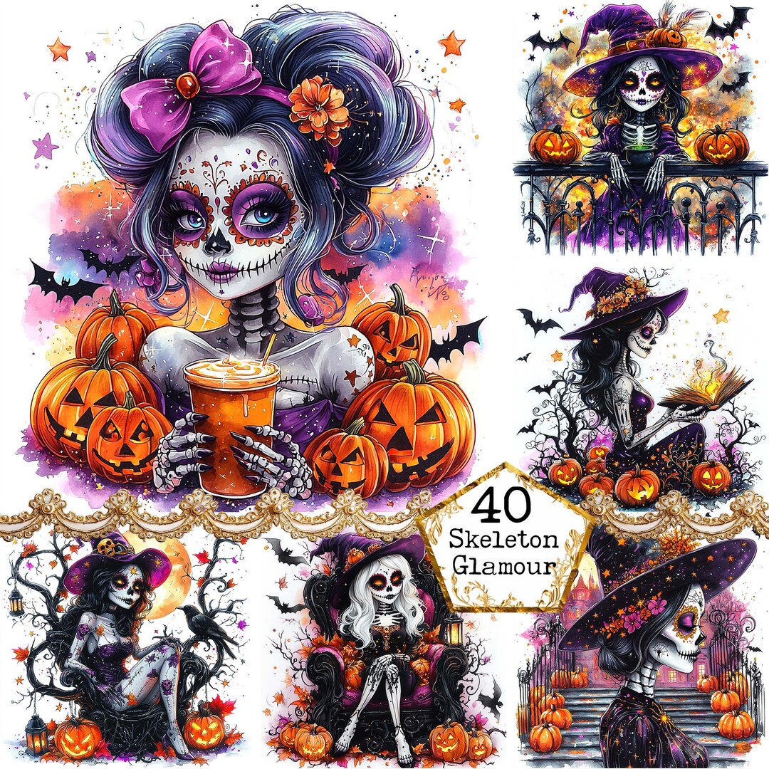 JPEG Cute Skeleton Witch Clipart Bundle Witch Sublimation Pink Witch ...