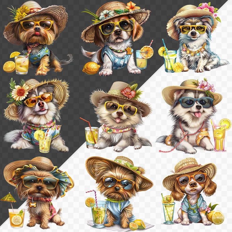 Watercolor Summer Dogs Clipart Bundle Dog With Cocktail PNG Beach ...