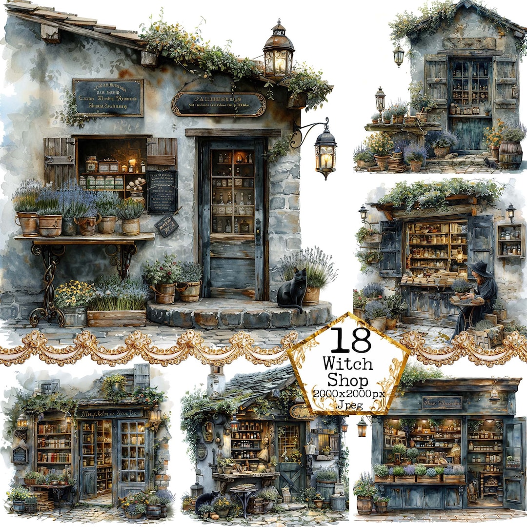 Watercolor Vintagewitch Shop Fronts JPEG Vintage Clipart Flower Clipart ...