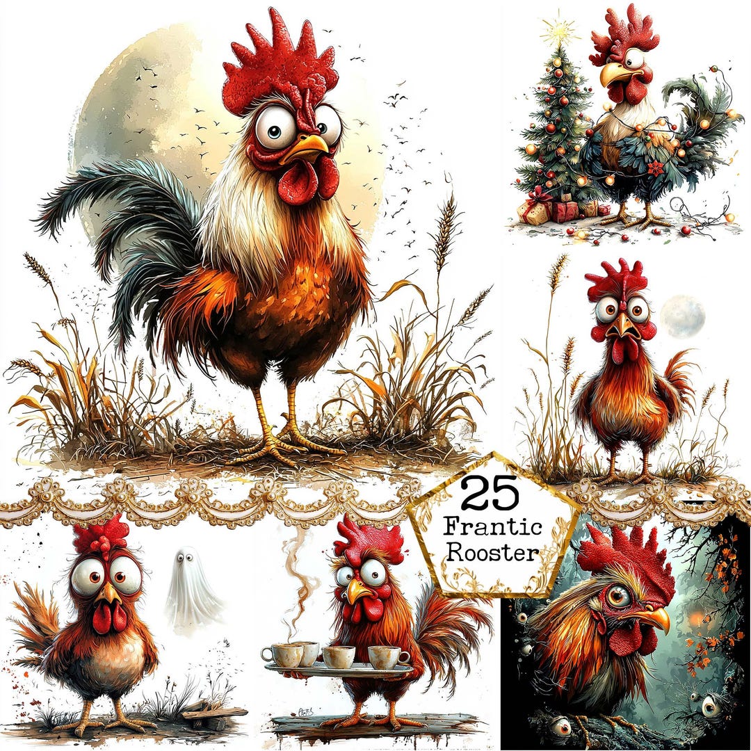JPEG Super Weird Watercolor Rooster Clipart Bundle Whimsical Rooster ...