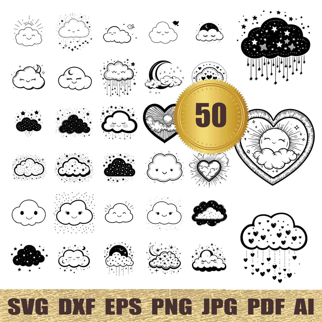 50 Cute Whimsical Cloud Svg, Dxf, Eps, Ai, Pdf, Jpg, Png Clouds ...