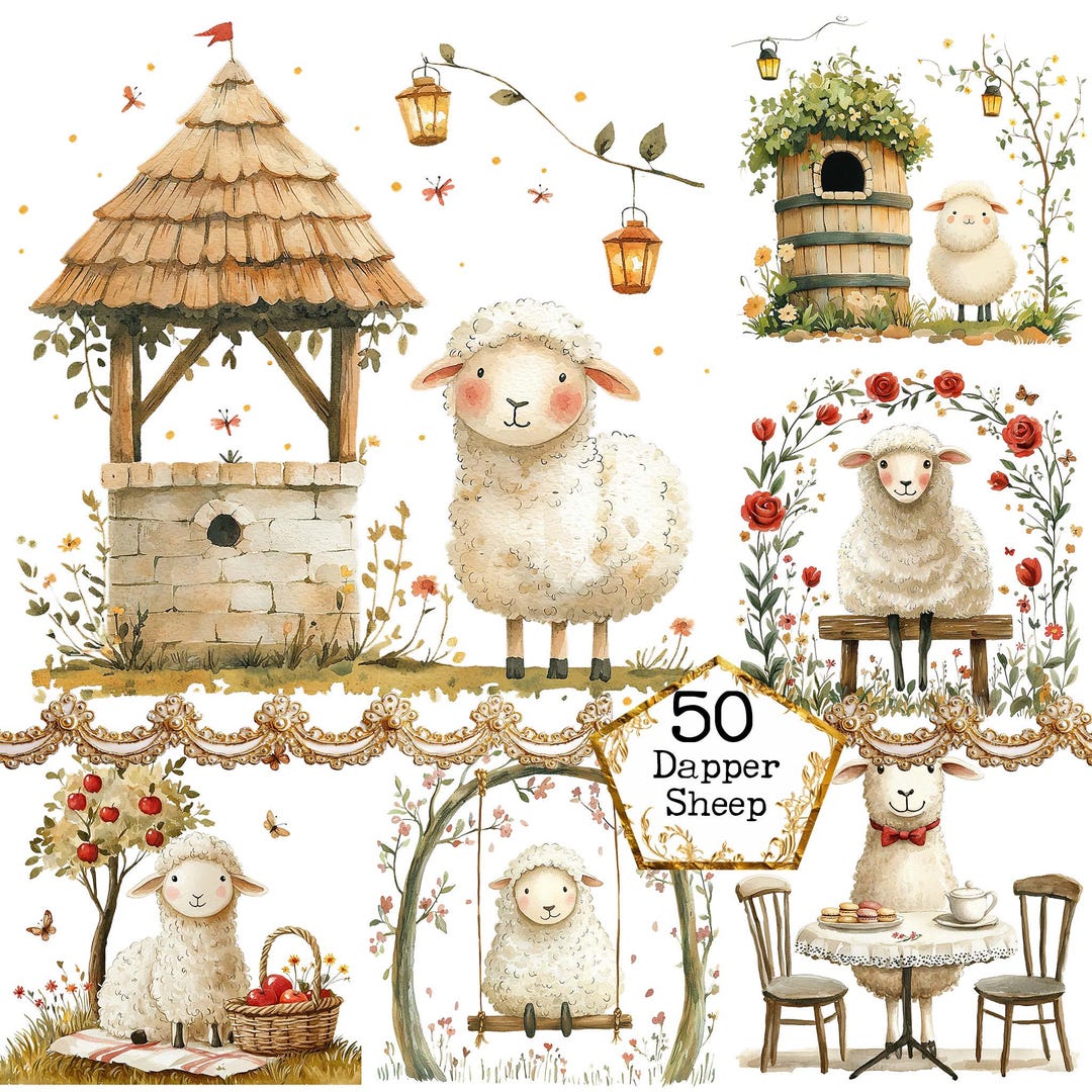 PNG + JPEG Watercolor Dapper Sheep Clipart Bundle Watercolor Nursery Clipart Cute Instant ...
