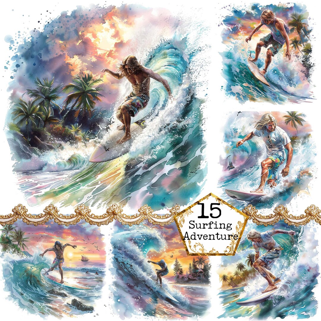 JPEG Watercolor Surfer on a Wave Clipart Bundle JPEG Summer Sport Beach ...