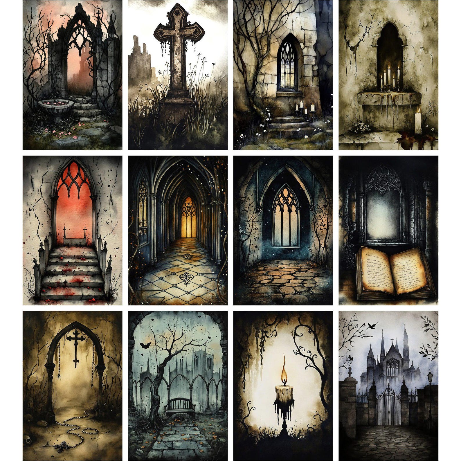 230 Watercolor Gothic Scenes - Printable Pages, Spooky Horror Junk ...