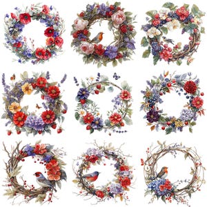 PNG + JPEG Watercolor Bird Wreath Clipart Bundle Spring Clipart Floral ...
