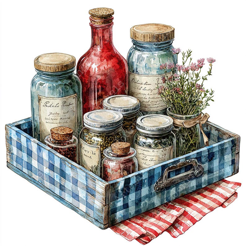 JPEG Vintage Pantry Granma's Rustic Checkered Jars and Tins Clipart ...