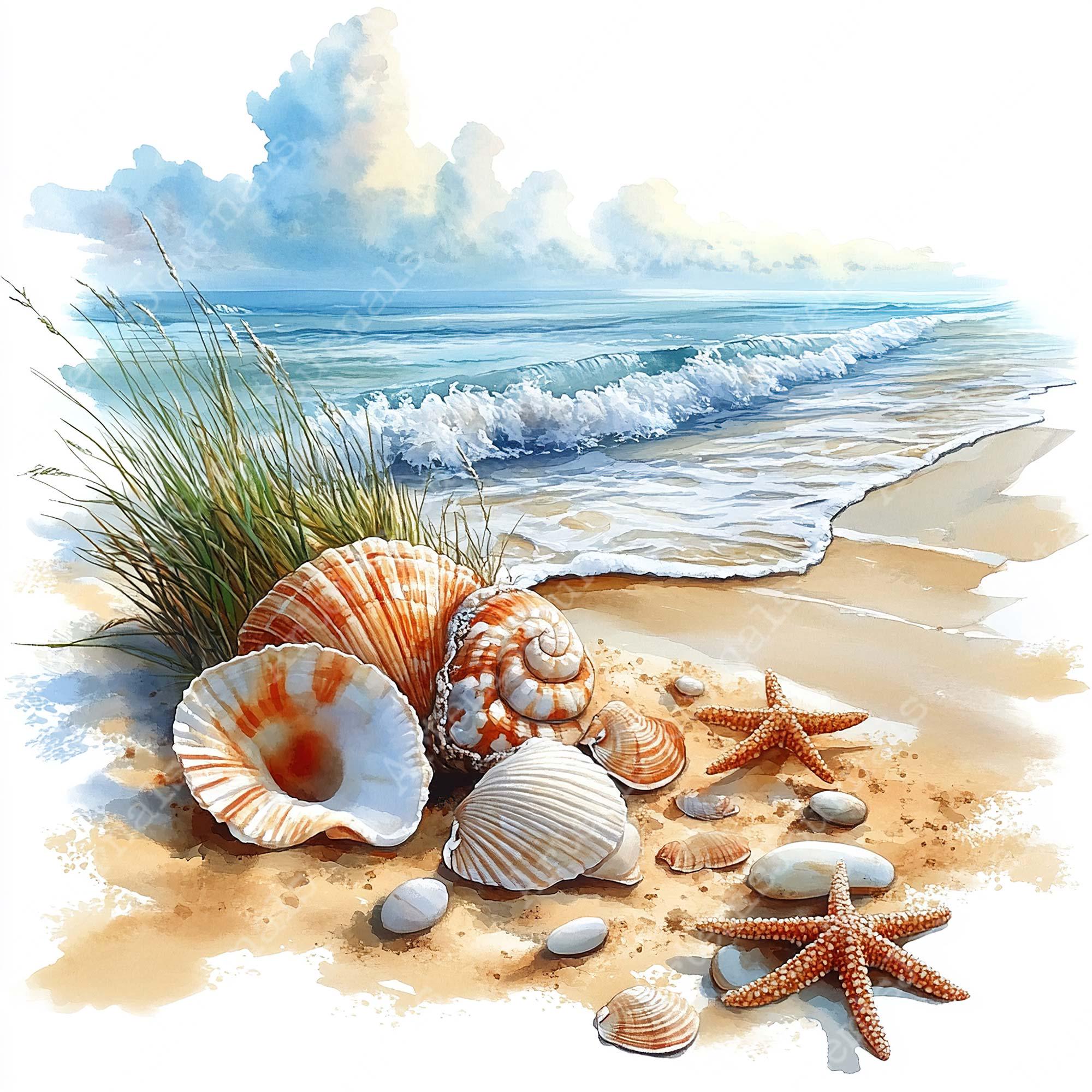 JPEG Watercolor Seashell on the Beach Clipart Bundle Overgrown Beach ...