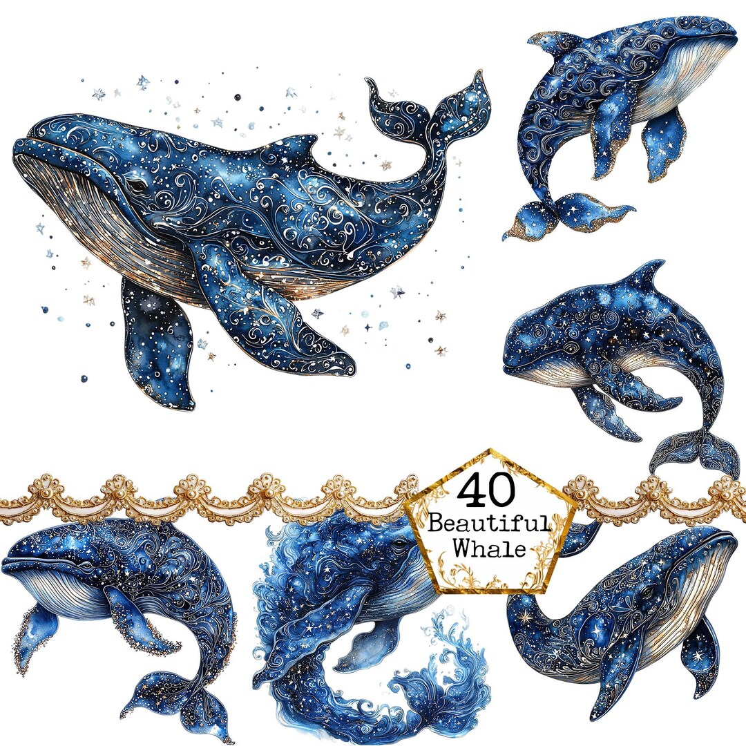 PNG + JPEG Watercolor Sparkling Whale Clipart Bundle Sea Animal Shimmer ...