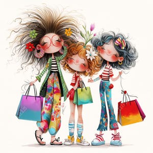 JPG Watercolor Retro Quirky Shopping Girls Clipart Bundle Whimsical ...