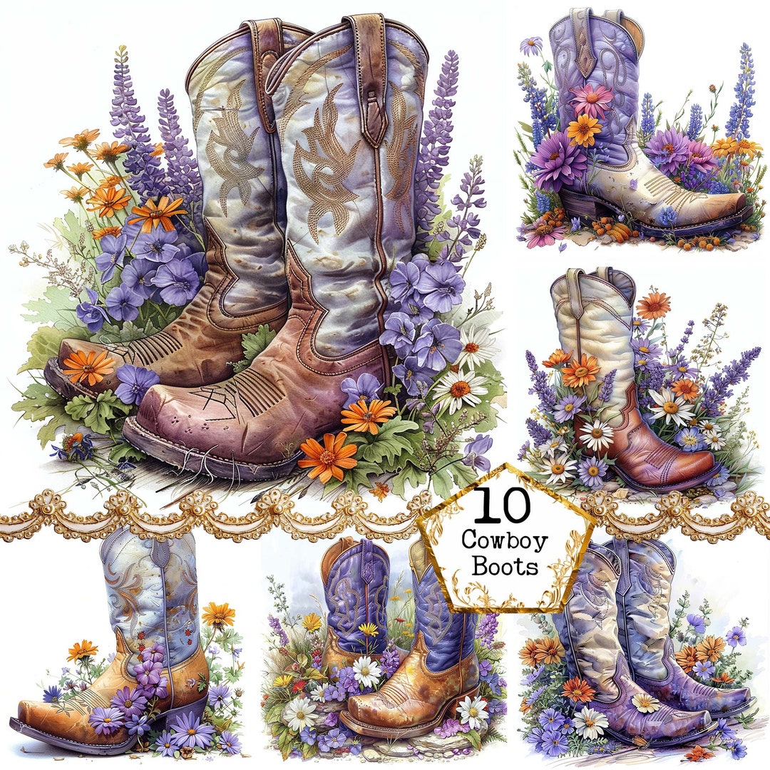 Watercolor Cowboy Boots Clipart Bundle JPEG Western Clipart Watercolor ...