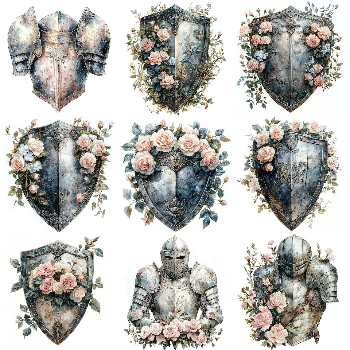 JPEG Watercolor Floral Knights Armor Clipart Bundle Medieval Knight ...