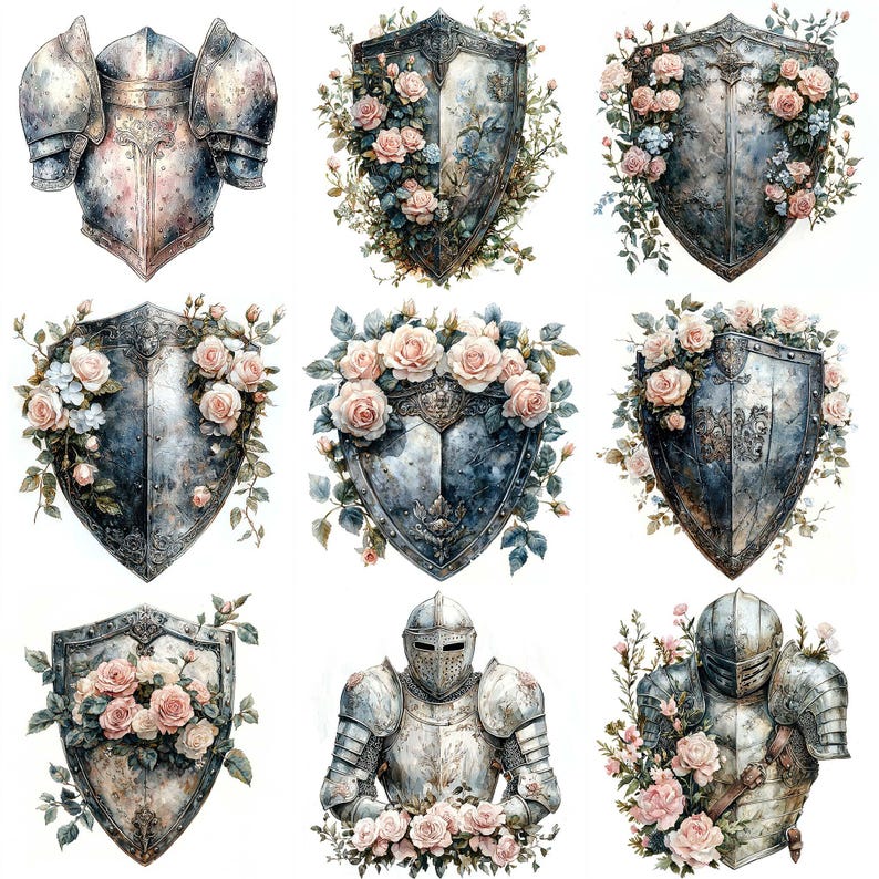 JPEG Watercolor Floral Knights Armor Clipart Bundle Medieval Knight ...