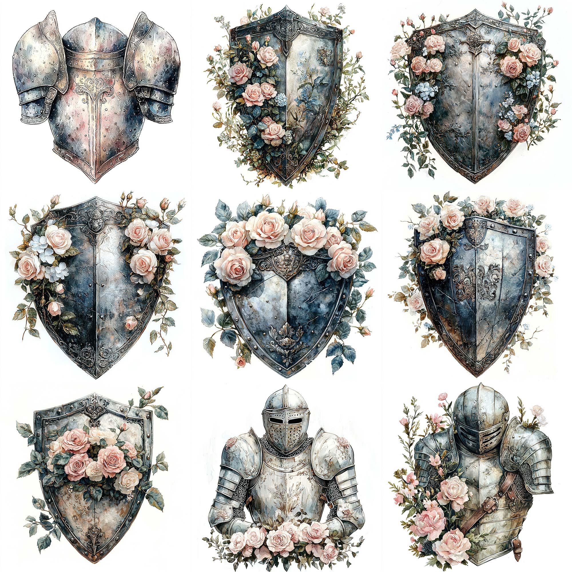 JPEG Watercolor Floral Knights Armor Clipart Bundle Medieval Knight ...