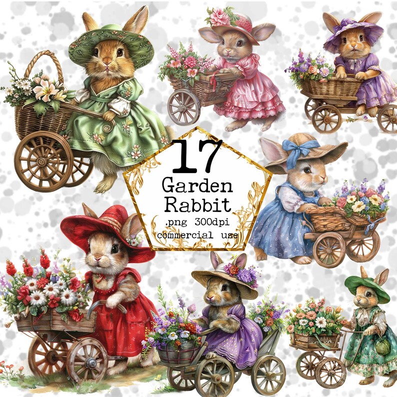 Watercolor Garden Rabbit Clipart Bundle Vintage Bunny PNG Commercial ...