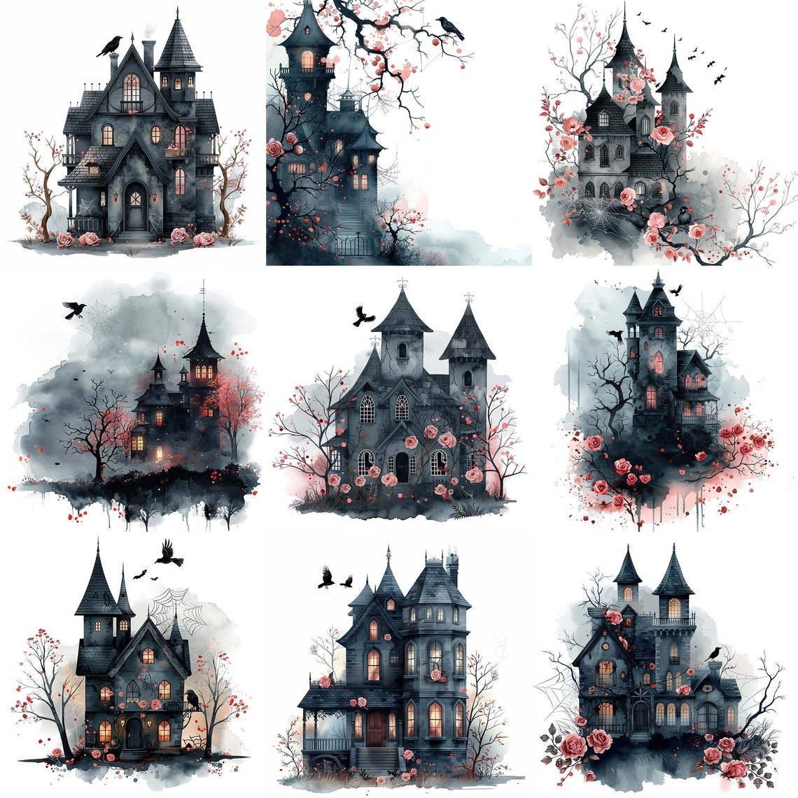 JPEG Watercolor Haunted House With Raven Clipart Bundle Halloween ...