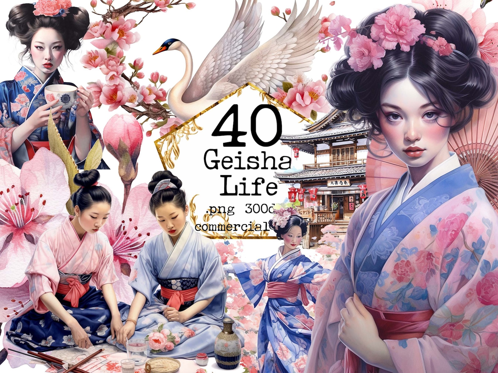 Watercolor Geisha Clipart Set Transparent PNG Digital - Etsy