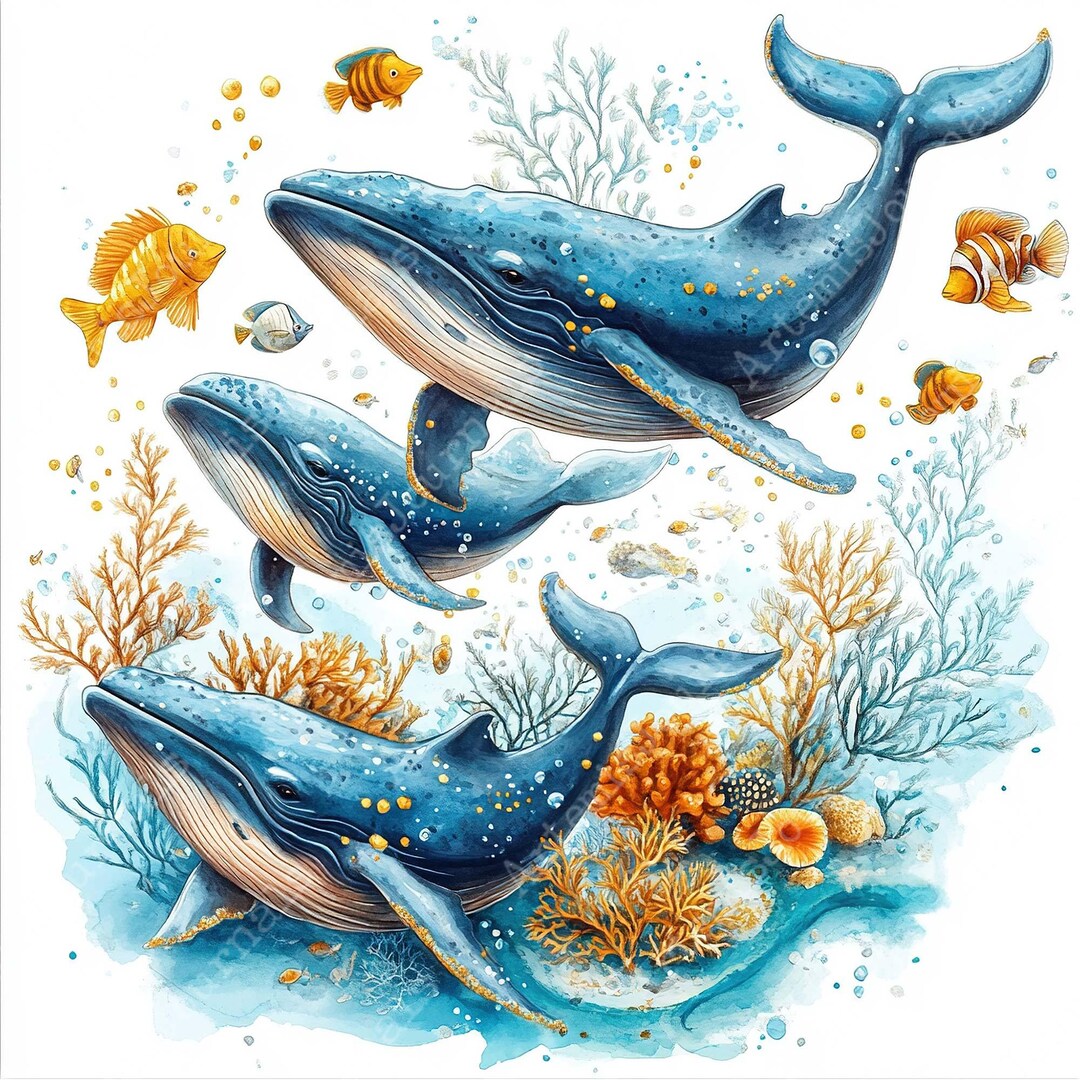JPEG Watercolor Whale Family Clipart Bundle Sea Animal Ocean Animal ...
