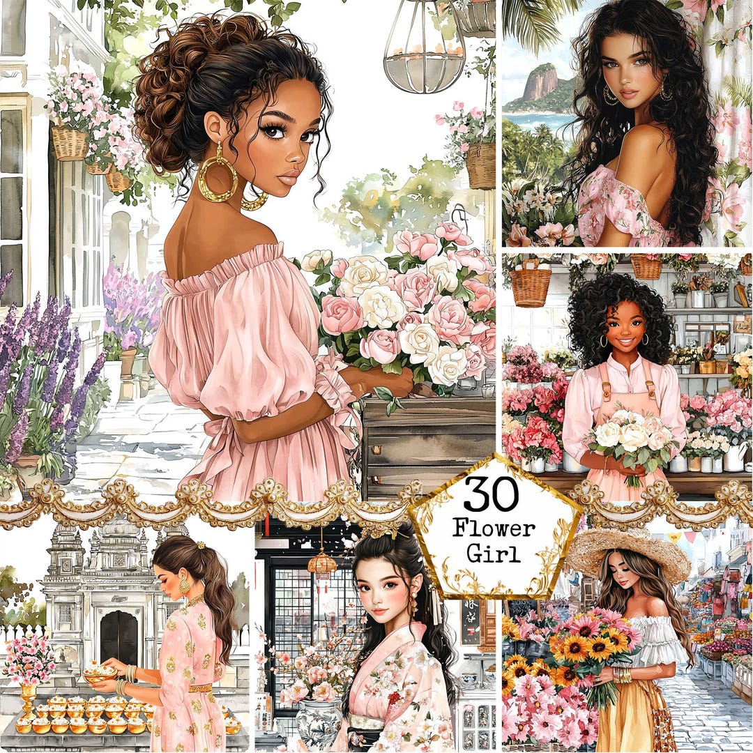 JPEG Watercolor Flower Girl Graphics Beautiful Black Girl Asian Girl ...
