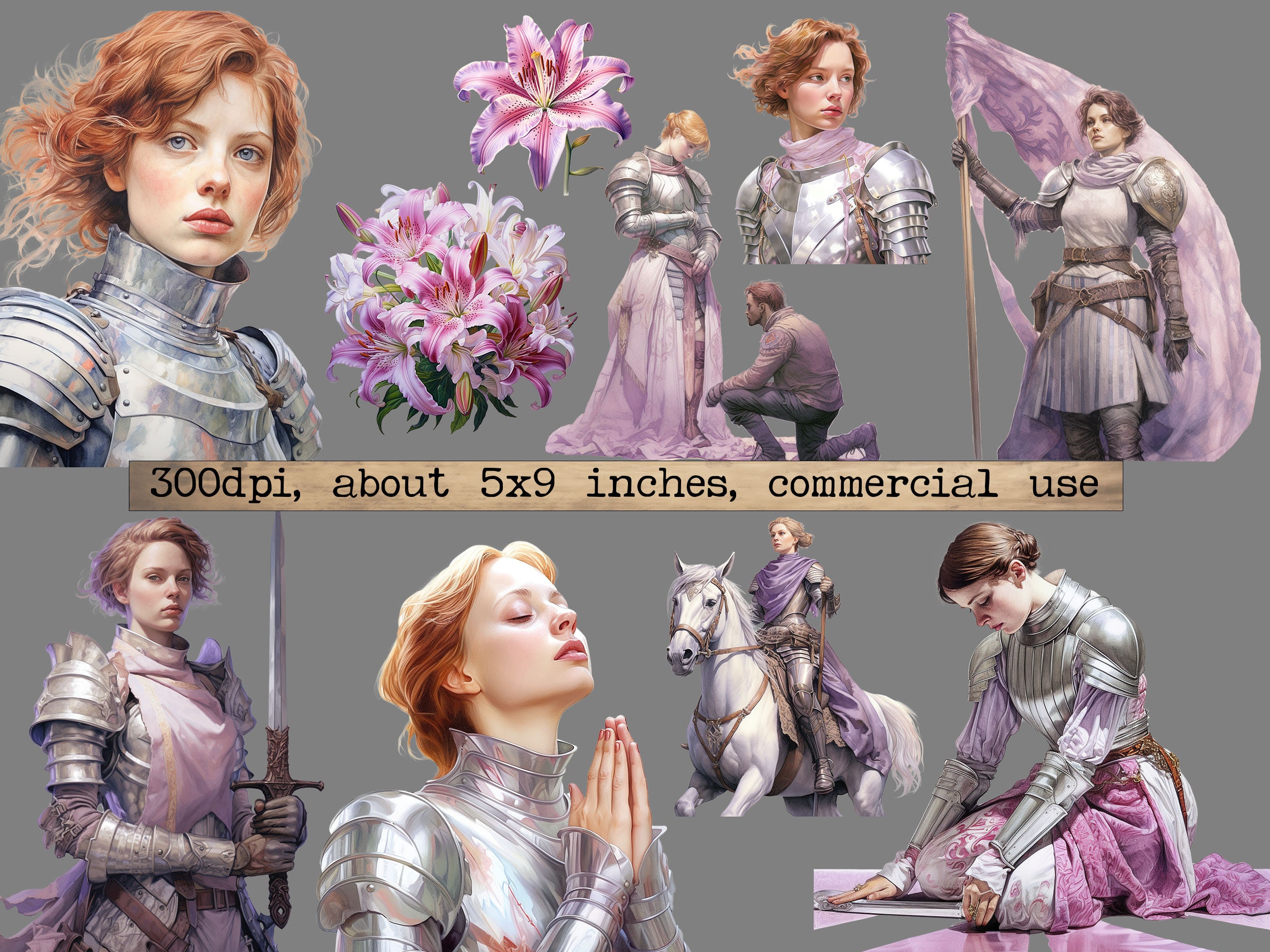 Joan of Arc PNG Clipart, Watercolor Romantic Bundle, Horses, Armor ...