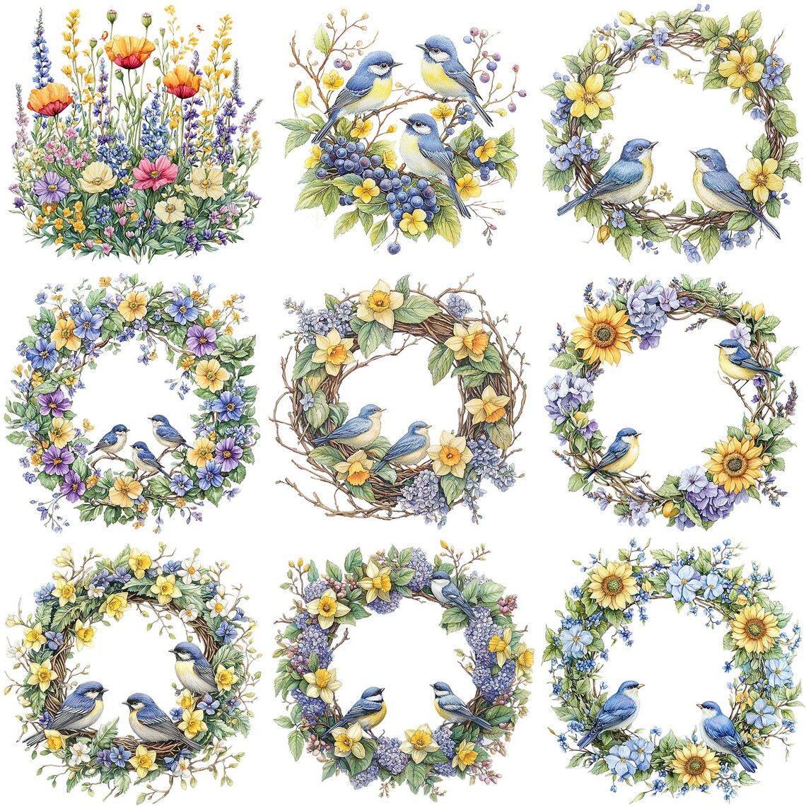PNG + JPEG Watercolor Spring Wreath Clipart Bundle Spring Clipart ...