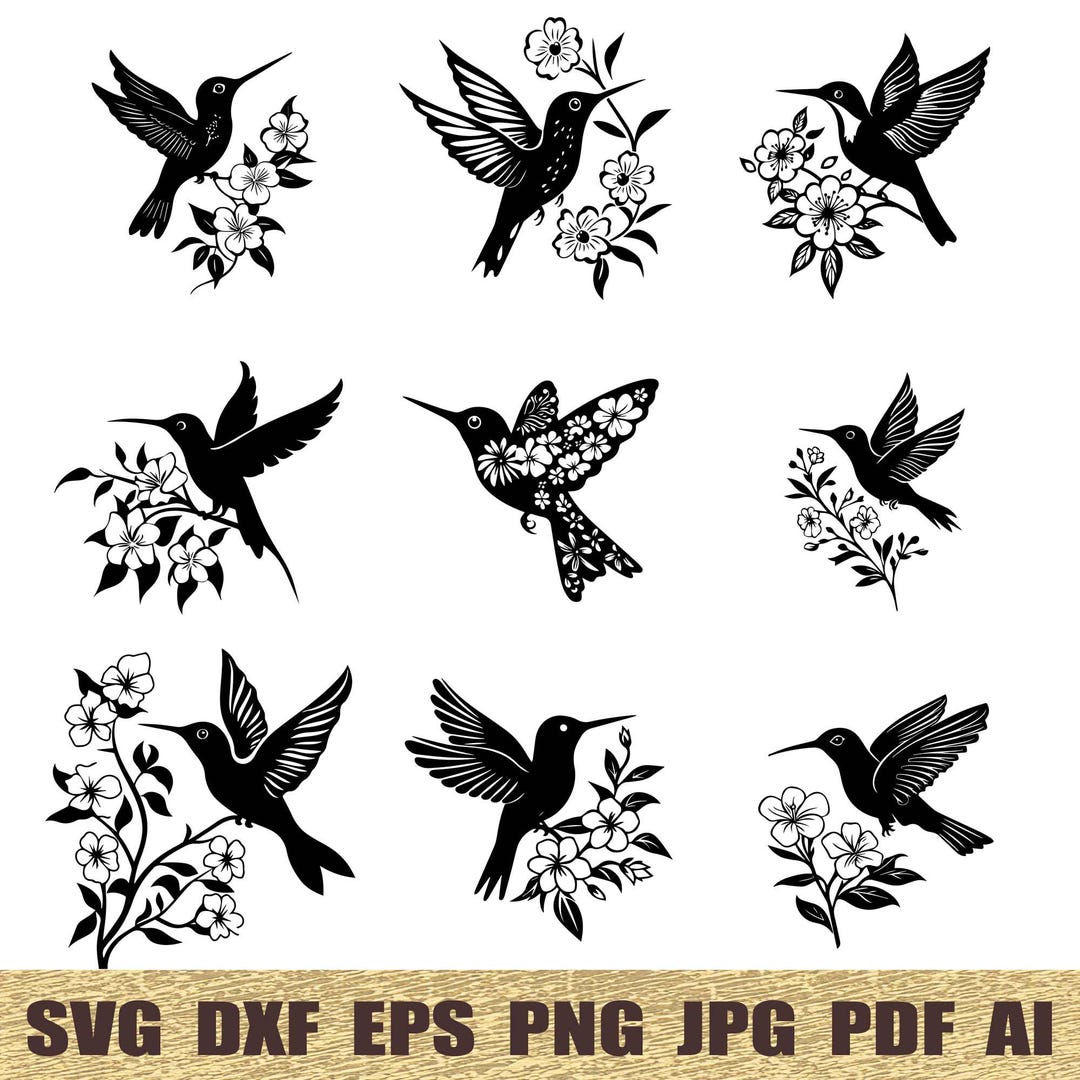 20 Floral Humming Bird Svg, Dxf, Eps, Ai, Pdf, Jpg, Png Floral Bird ...