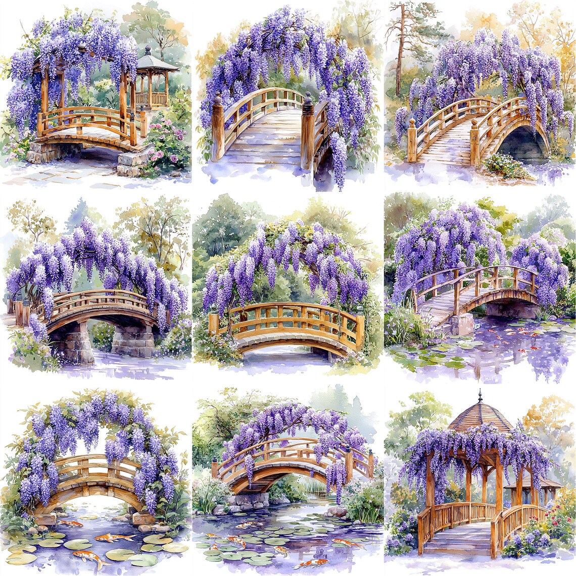 JPEG Watercolor Spring Bridge Clipart Bundle Wisteria Clipart ...