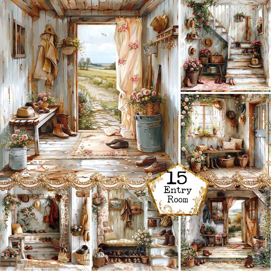 Watercolor Cottage Cluttered Home Entrance JPEG Instant Download Cosy ...