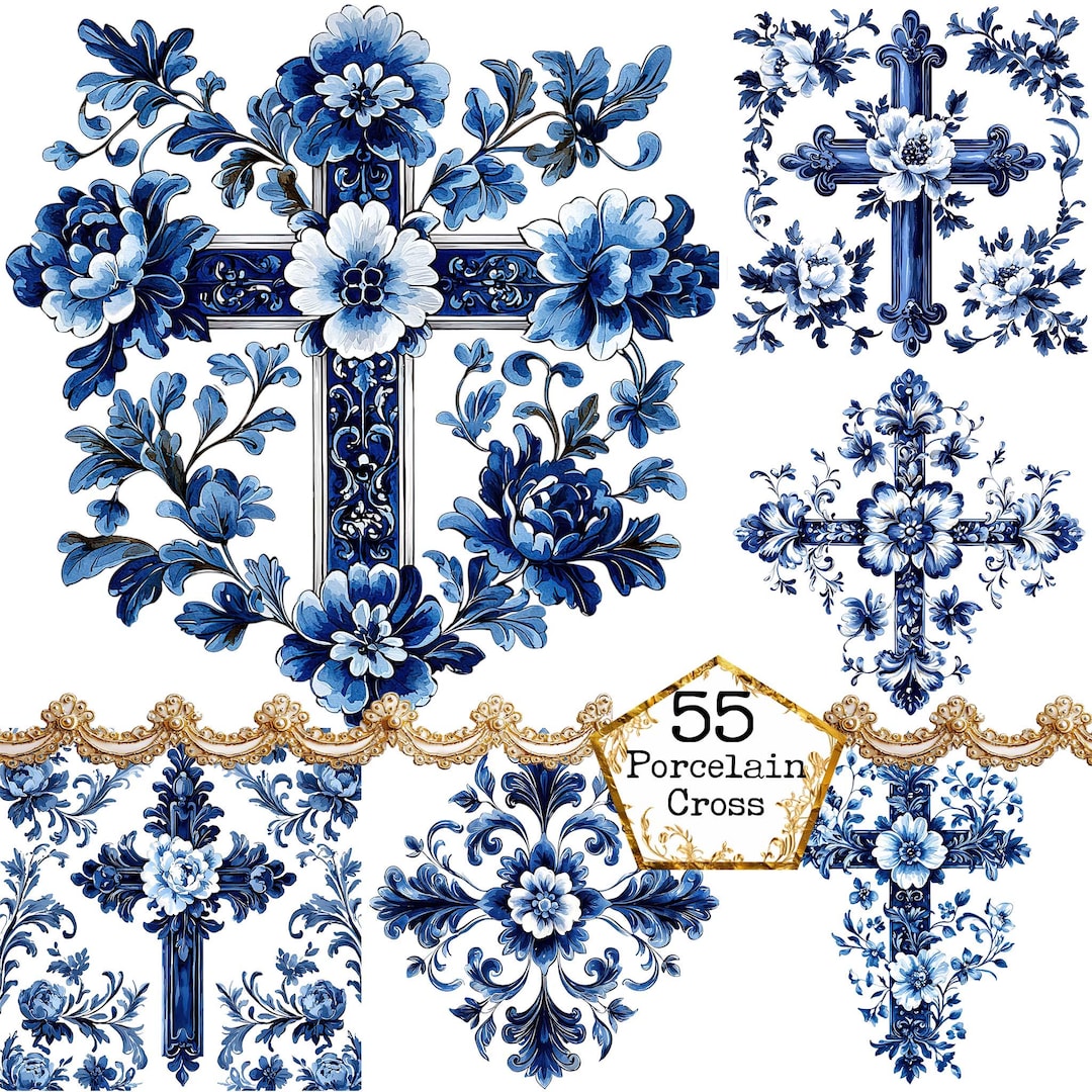 PNG + JPEG Delft Blue Antique Cross Tile Clipart Bundle Watercolor ...