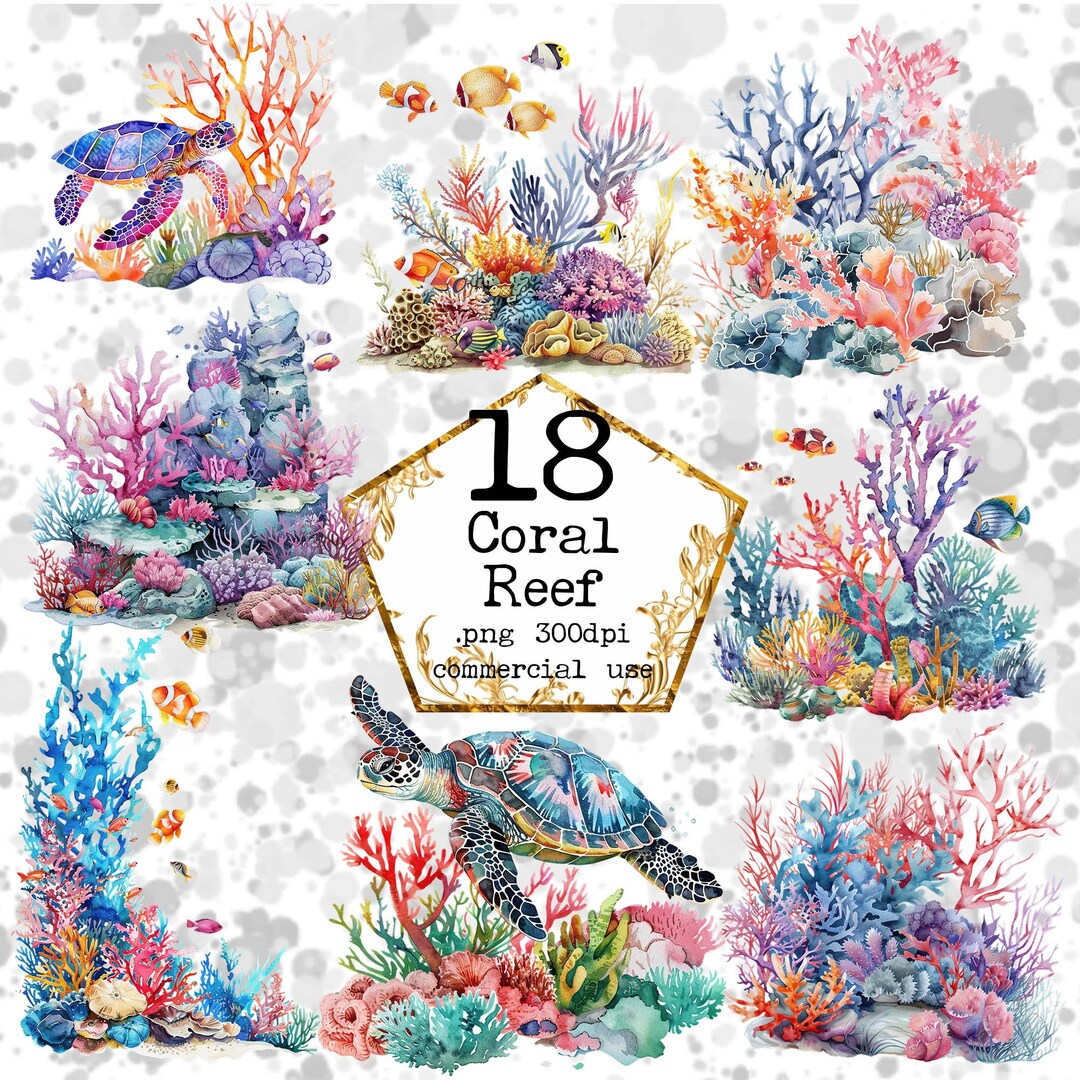 Watercolor Coral Reef Clipart Bundle Pastel Colors Sea Turtle Clipart ...