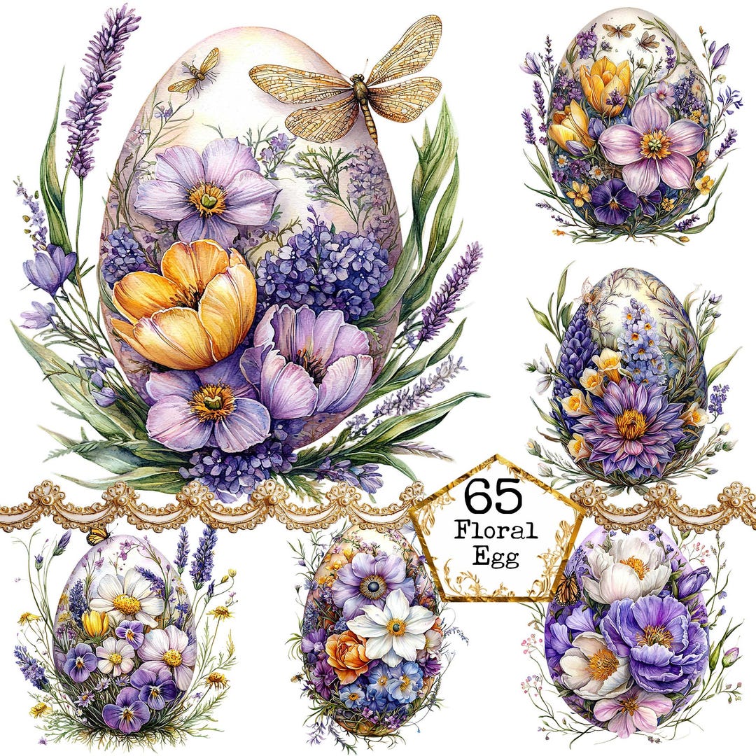 PNG + JPEG Watercolor Floral Egg Clipart Bundle Easter Eggs Wild ...