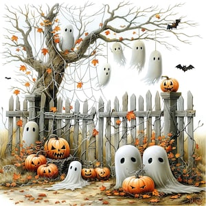 JPEG Whimsical Halloween Ghosts at a Spooky Rustic Fence Graphics ...