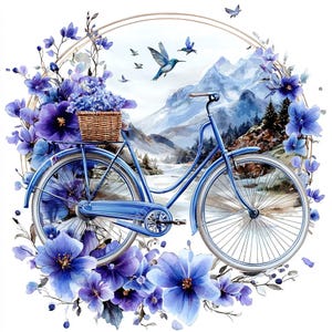 JPEG Watercolor Floral Bicycle Clipart Bundle Purple Flowers Clipart ...
