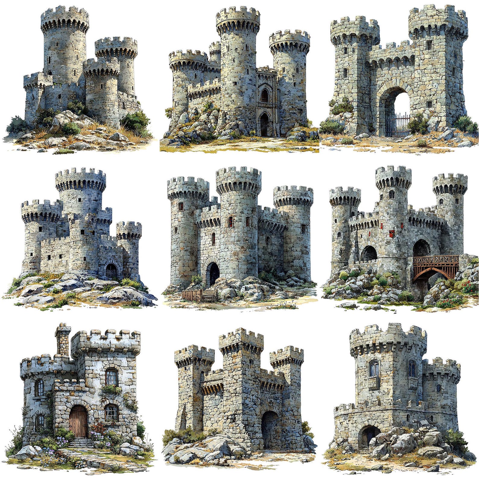 PNG + JPEG Watercolor Stone Medieval Castle Clipart Bundle Early ...