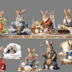 Cute Vintage Bunny Watercolor Clipart Bundle PNG Fantasy Rabbit Fantasy ...