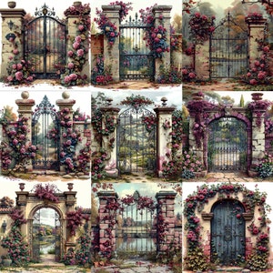 JPEG Watercolor Fantasy Garden Gate Clipart Bundle Garden Door Stone ...