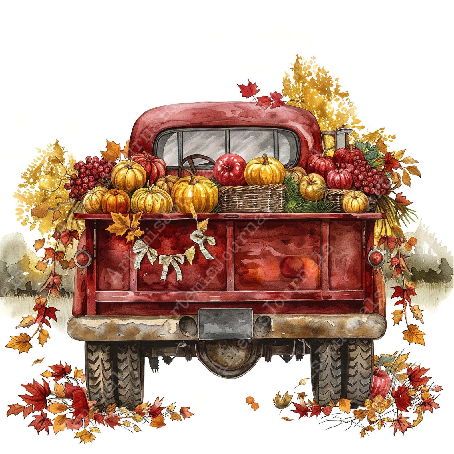 Watercolor Autumn Harvest Farm Truck Clipart Bundle JPEG Commercial Use ...