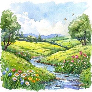Watercolor Spring River JPEG Nature Clipart Landscape Clipart ...